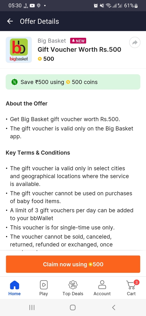 Loot Big Basket Gift Voucher Worth Rs.500 free using SuperCoins ...