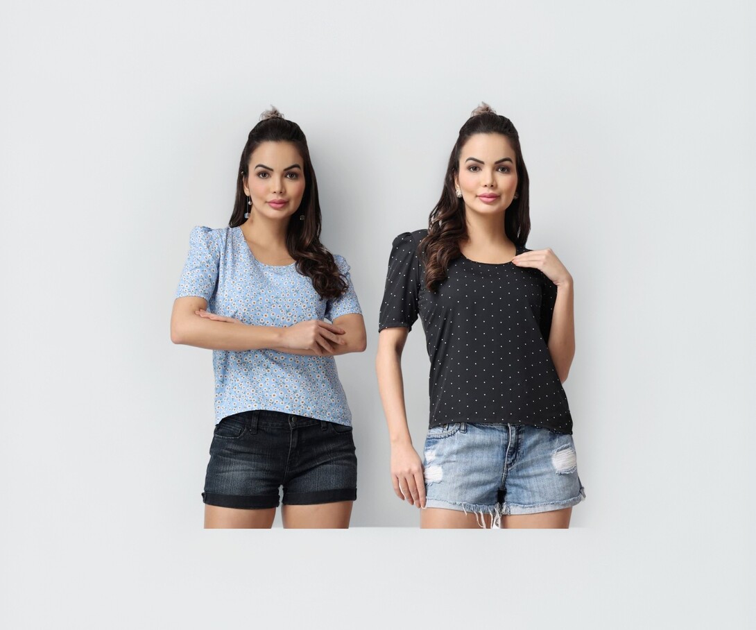 POPWINGS Casual Floral Printed Round-Neck Puff-Sleeves Tops Combo for ...